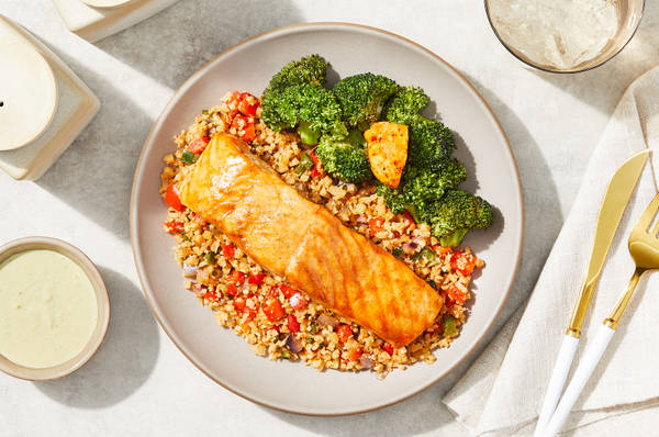 Baja Salmon with Cauliflower “Rice,” Broccoli & Jalapeño Lime Crema ...