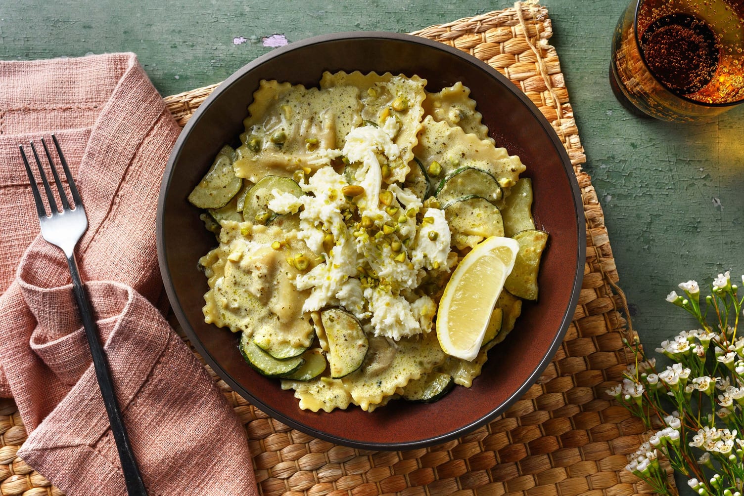 Spinach and Ricotta Ravioli in Pistachio Pesto with Courgette Lemon and Mozzarella